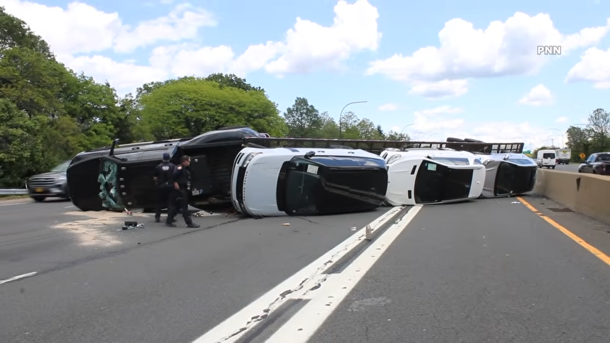 Car Carrier Flips on the Long Island Expressway, Driver Breaks Out ...